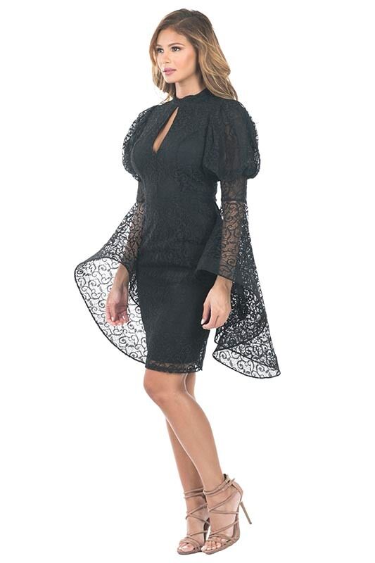 LACE KEYHOLE DRESS WITH SWING SLEEVES - Tias Place